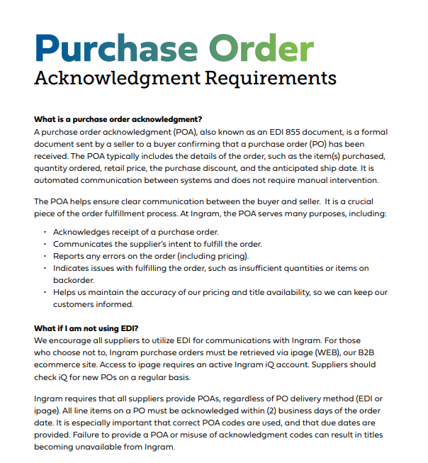 Purchase Order Acknowledgment Requirements – Ingram IQ